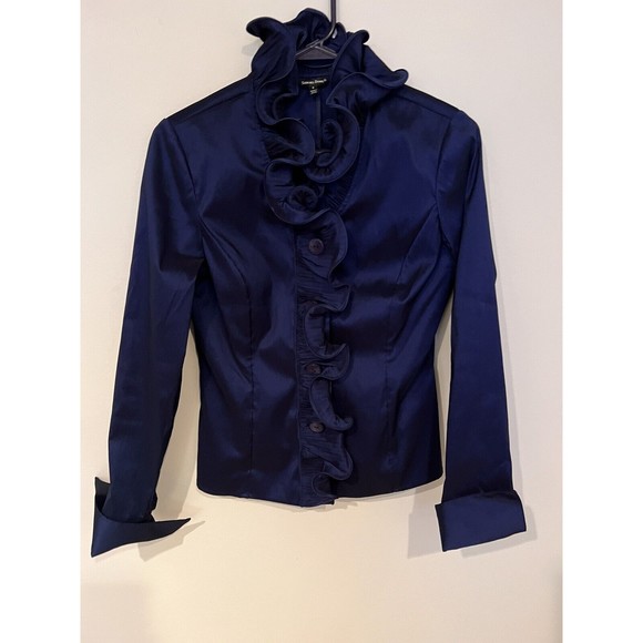 Samuel Dong | Tops | Samuel Dong Navy Taffeta Blouse Ruffled Buttoned ...